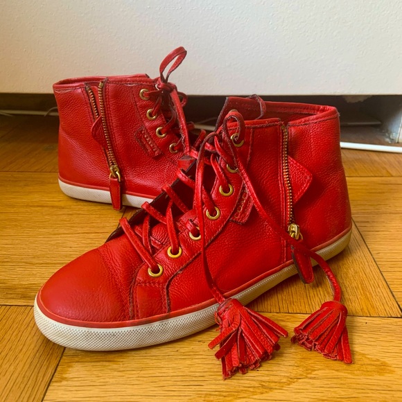 Coach | Shoes | Coach Red Leather High Top Sneakers | Poshmark